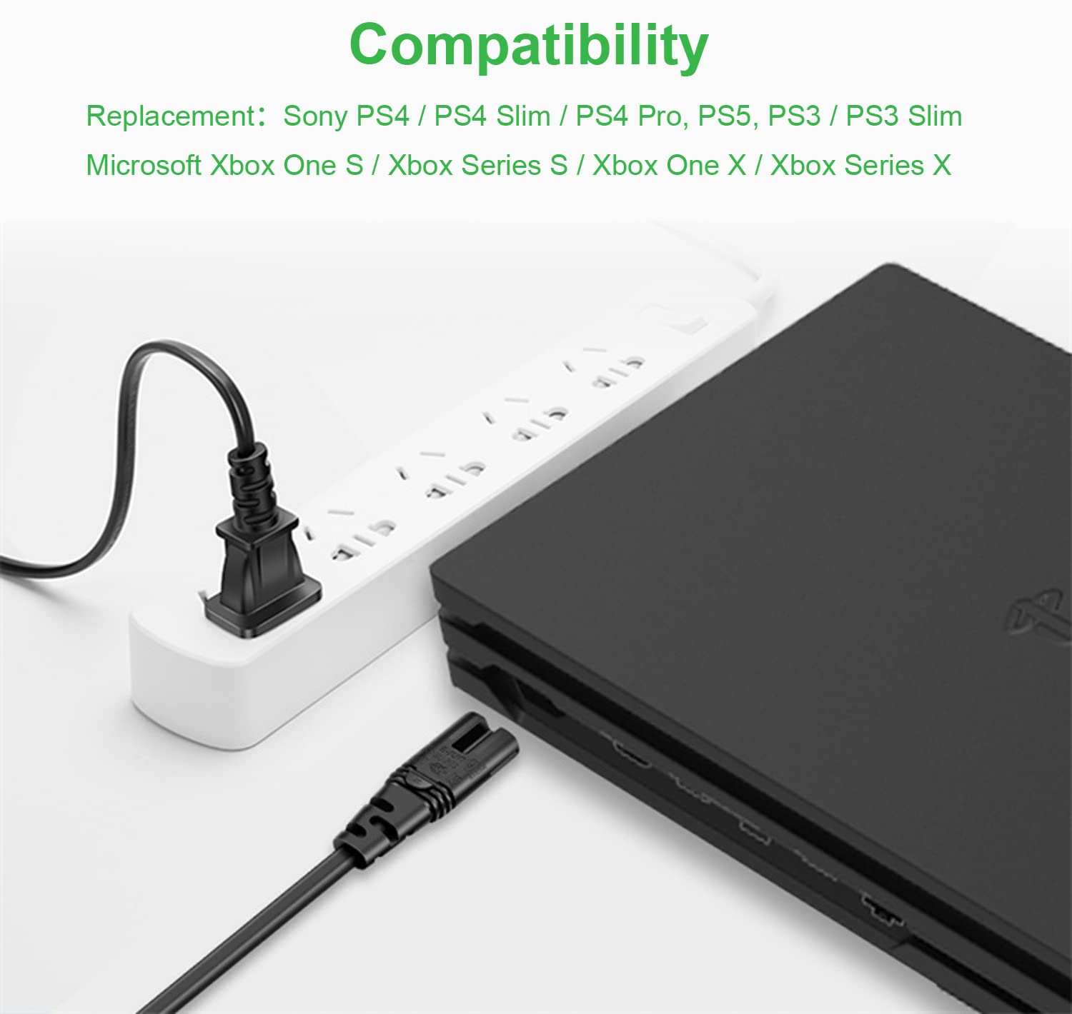 6ft 2 Prong AC Power Cord Compatible with Sony PS4 PS5 PS3 Slim, Playstation 4, Xbox One S, Xbox One X, Xbox Series X, Xbox Series S Replacement Lost Game Console Power Supply Cable