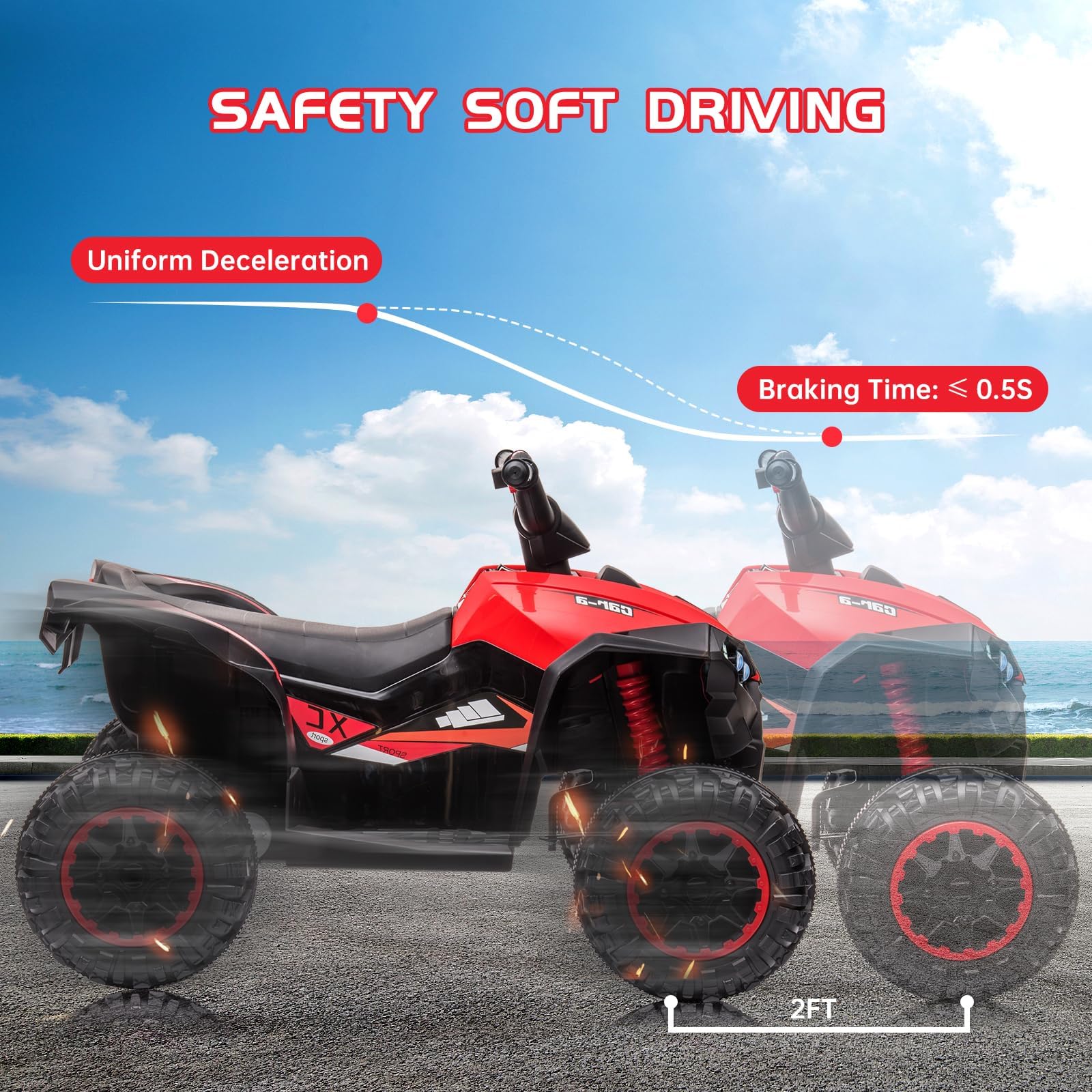 12V Kids Ride-On Electric ATV, 4-Wheeler Off-Road 4WD Car Toy w/2 Control Modes, Treaded Tires, LED Lights, Accelerator Handle,Foot Pedal,Spring Suspension,AUX Port red