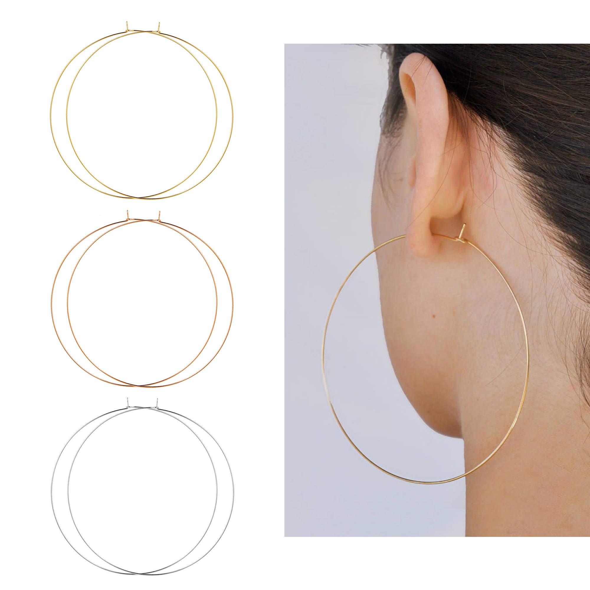1mm Thin Extra Large Hoop Earrings,3 Pairs Set 90mm Huge Gold Hoops 18k Gold Plated Stainless Steel Big Gold Hoop Earrings for Women