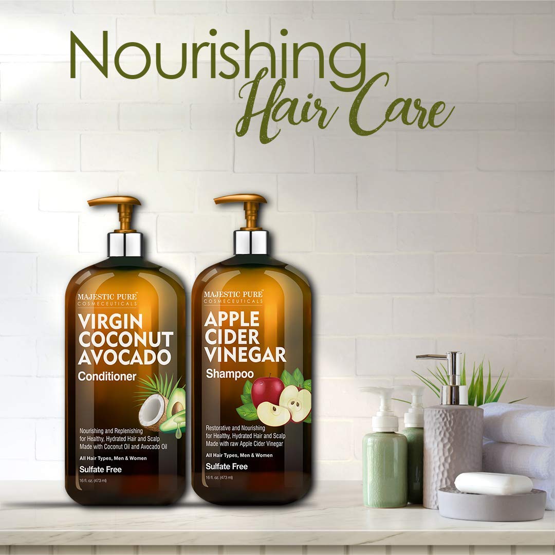 Majestic Pure Jamaican Black Castor Oil (16 oz) and Apple Cider Vinegar Shampoo & Coconut Avocado Conditioner Set (16 oz each) Bundle
