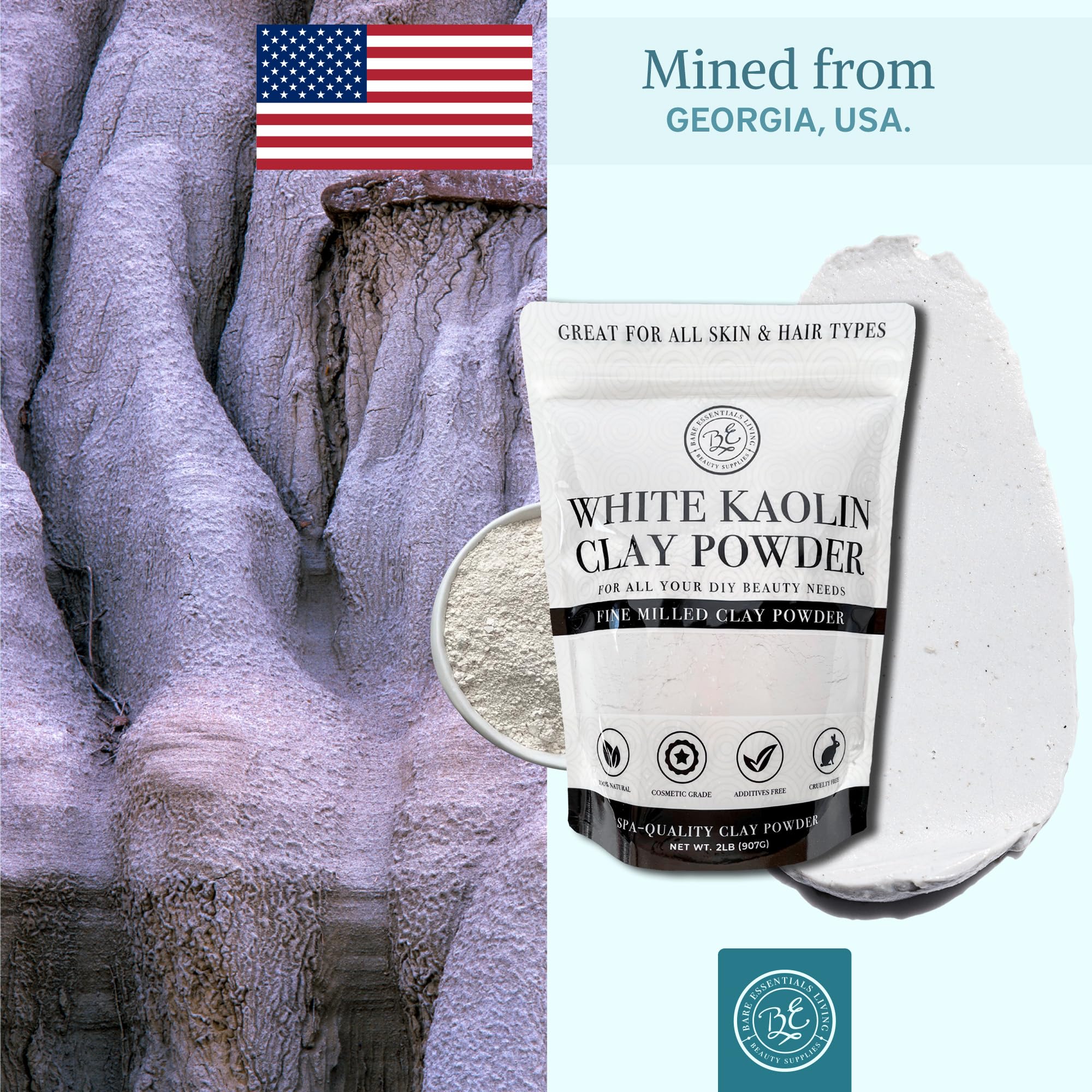 Bare Essentials Living - White Kaolin Clay Powder (2 lb) 100% Natural White Powdered Clay for Seed Bombs, White Clay Mask, DIY Spa, Soap, Bath Bomb, Deodorant, Can be Used as Kaolin Clay for Gardening