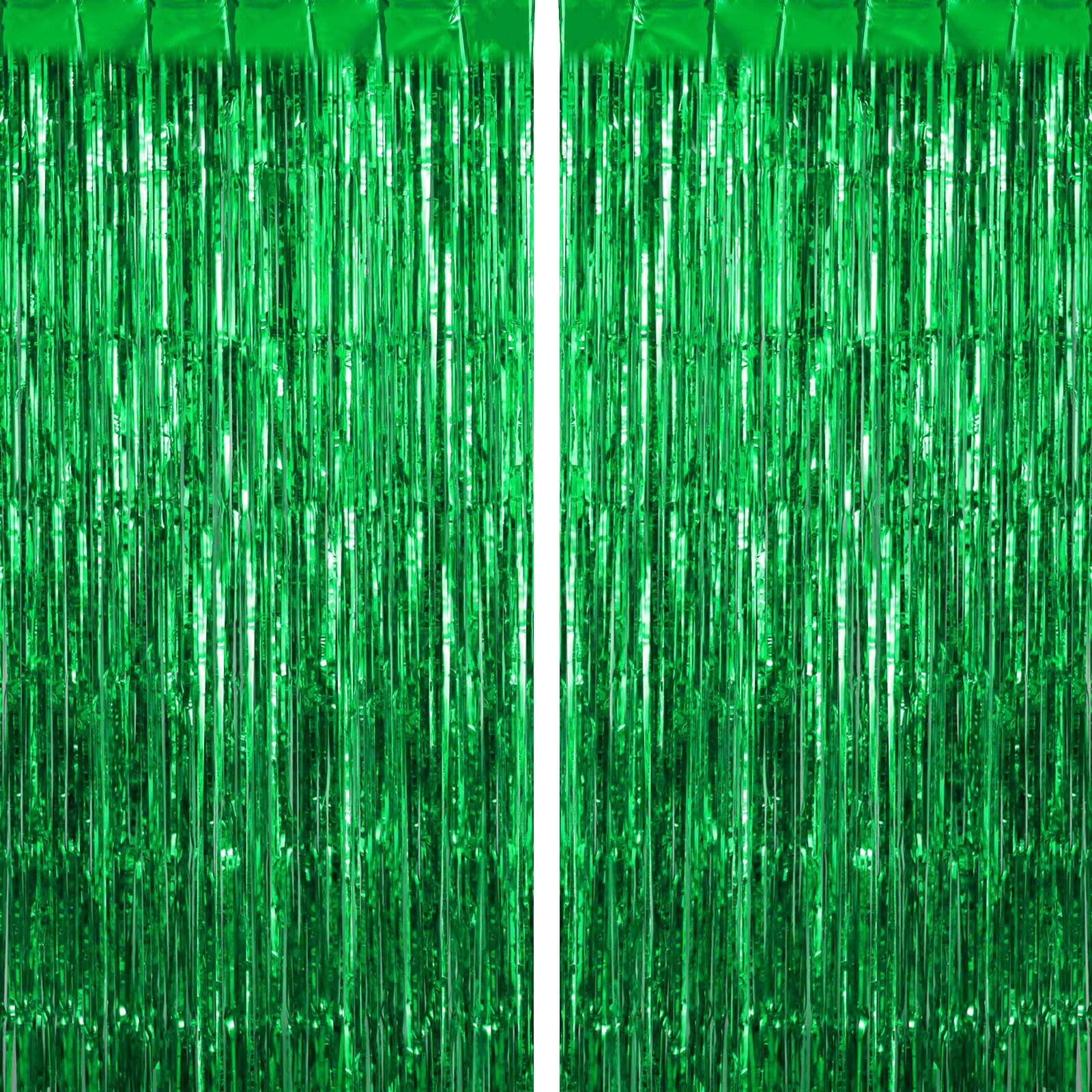 Green Fringe Curtains Backdrops 2 Pack, Foil Fringe Curtains Door Streamers for Birthday Wedding Bridal Shower Holiday Graduation Party Decorations