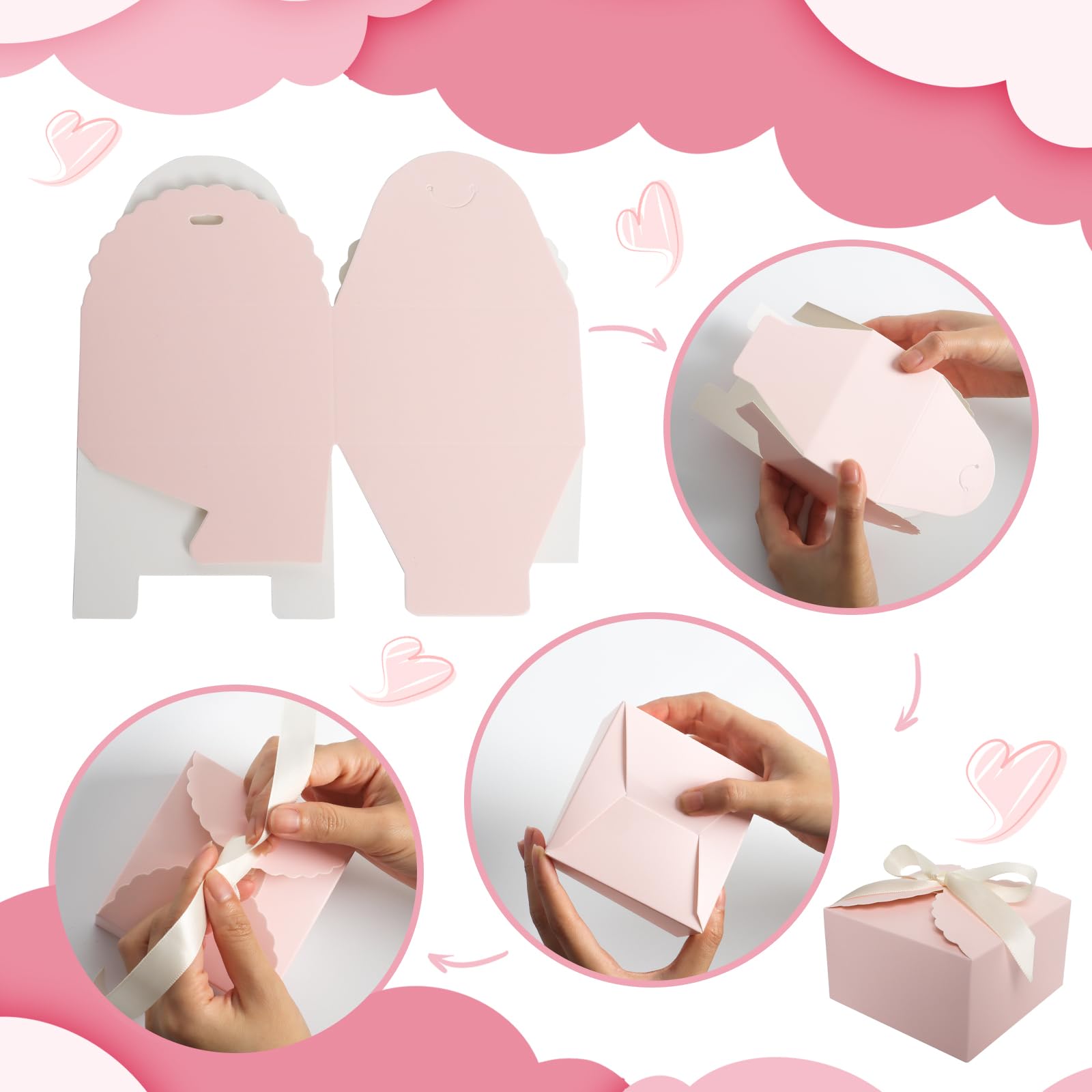 12pcs Pink Gift Box Kraft Square with Bow Foldable Small Candy Box with Ribbon for Gift Giving, Graduation Season, Christmas, Birthday Pink Mini Gift Boxes for Packaging