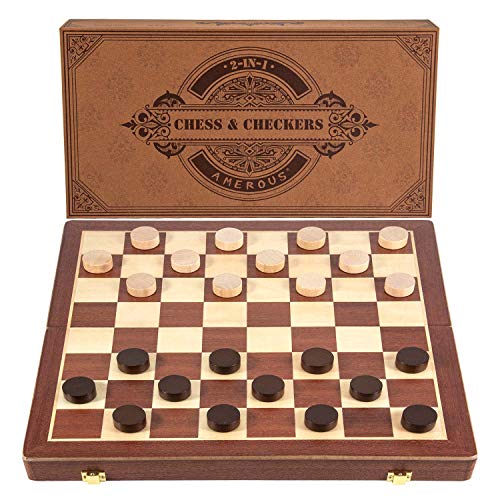 AMEROUS 15 Inches Magnetic Wooden Chess & Checkers Set (2 in 1) - Folding Board -Gift Box Packed -24 Cherkers Pieces -2 Extra Queens - Chessmen Storage Slots, Beginner Chess Set for Kids and Adults