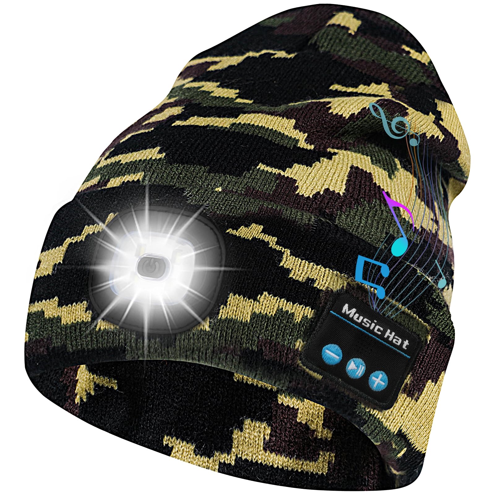 Bosttor Bluetooth Beanie Hat with Light, Headlamp Cap with Headphones and Built-in Speaker Mic, Gifts for Men Women Teen Army Green