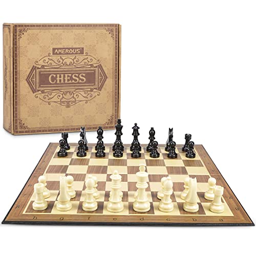 AMEROUS Upgraded Weighted Chess Pieces with 3.0 Inch King / Extra Bonus Folding Portable 15 inch Chess Board / 2 Extra Queens / 2 Storage Bag for Chessmen / Chess Board Game for Beginner