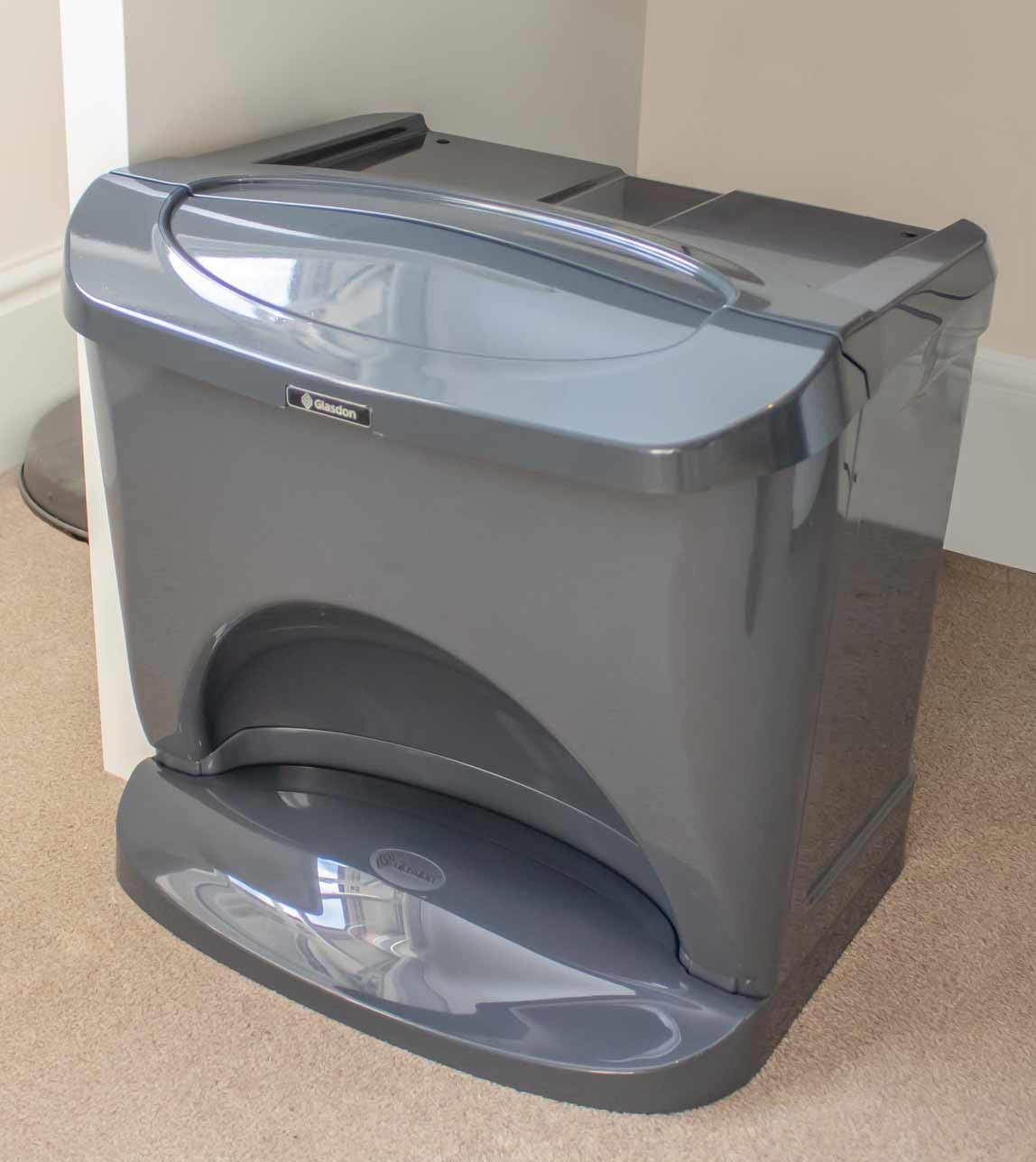 Glasdon Nexus Stack 8G Battery Recycling Bin (Dark Gray, Blue Battery Recycling Decals) β Compact 8-Gallon Stackable Battery Recycle Containers β 1 x 8-Gallon Multi-Waste Battery Bin