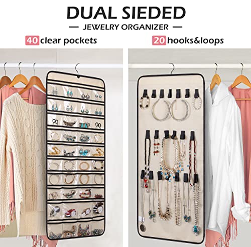 MISSLO Dual-sided Hanging Jewelry Organizer with 40 Pockets and 20 Hook & Loops Closet Necklace Holder for Earring Bracelet Ring Chain with Rotating Hanger, Beige