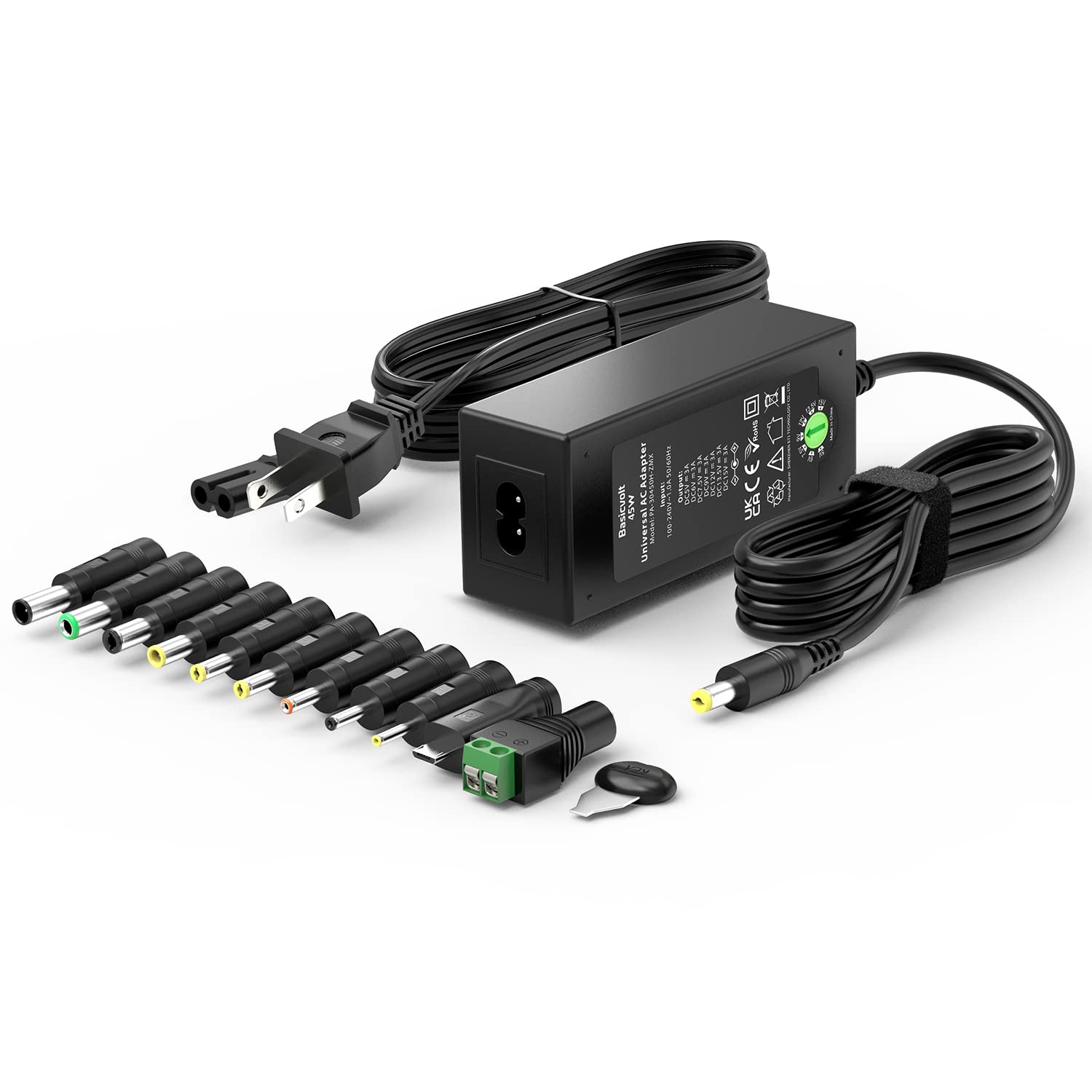 Basicvolt Universal AC Adapter 15V 13.5V 12V 9V 7.5V 6V 5V 3A 2.5A DC Power Supply for 5 to 15 Volt Household Electronics, 45W Max