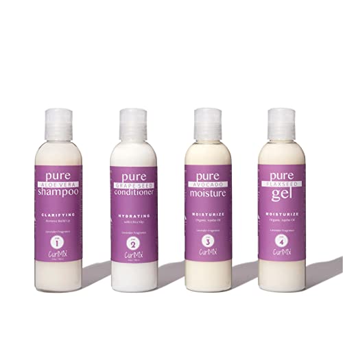 CurlMix Curly Hair Wash and Go Sampler - Lavender Fragrance - Clarifies, Moisturizes, and Strengthens Ethnic, Natural, and 4C Hair - Organic, Handmade Shampoo, Conditioner, Moisturizer, Softening Gel - Paraben Free - Sulfate Free - 4oz - (Set of 4)