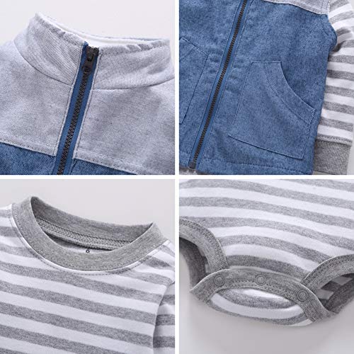 Baby Boy Winter Clothes Infant Fall Outfit Long Sleeve Stripes Romper Jumpsuit +Coat+ Long Pants Set Ceremony Celebration Birthday Party Denim Blue 12-18 Months