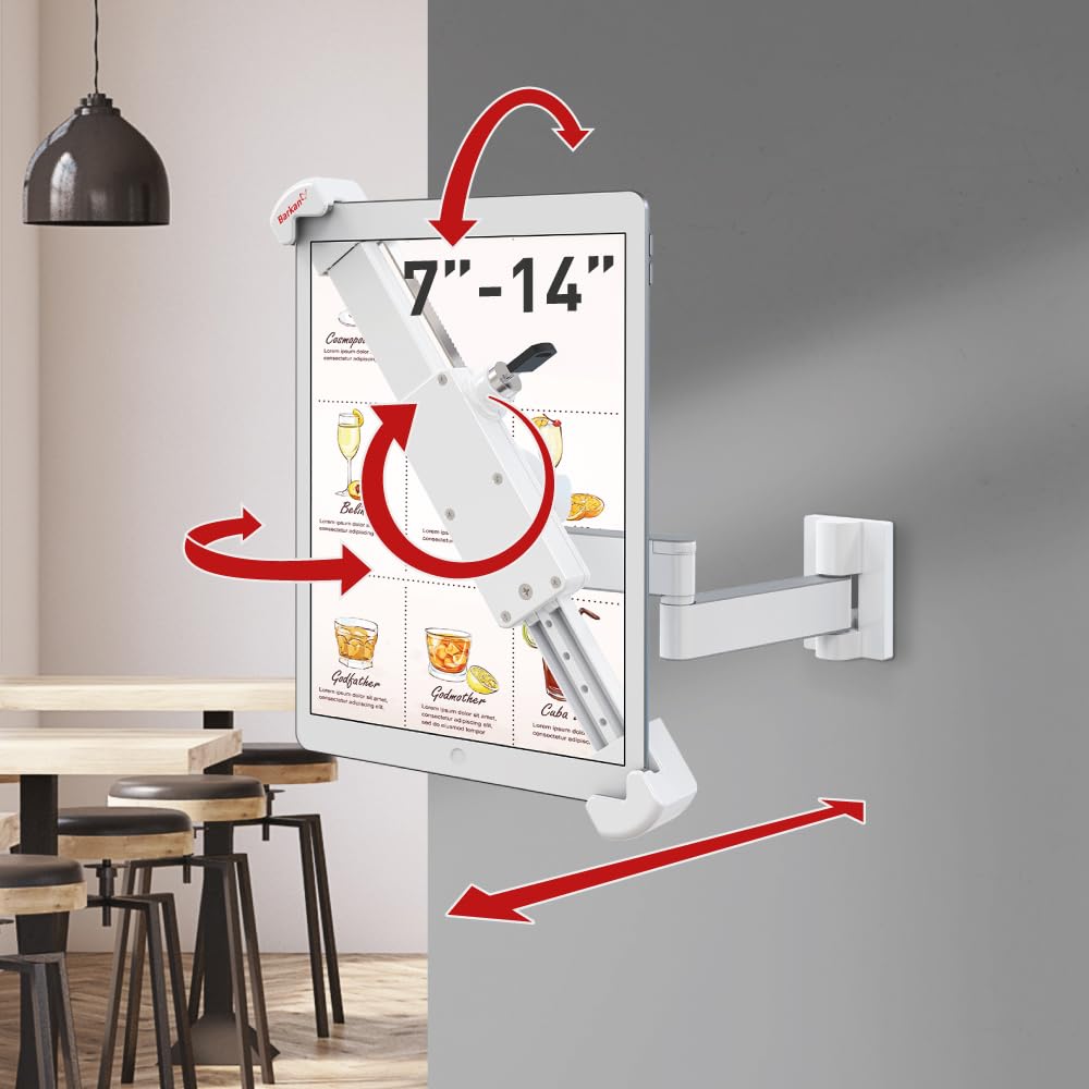 Barkan Lockable Tablet Mount Holder for 7 - 14 inch Devices, Anti-Theft, Full Motion Articulating, 360 degree Rotation Bracket, fits Apple iPad / Air / Mini, Samsung Galaxy Tab, Fire HD 7 / 8 / 10