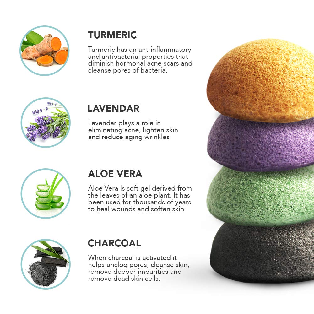 Organic Natural Facial Konjac Sponge and Face Scrubber - Buff Puff for Gentle Face Exfoliation Deep Pore Facial Cleansing Sponge β Aloe Vera, Activated Charcoal, Lavender, Turmeric β 4pc. Set