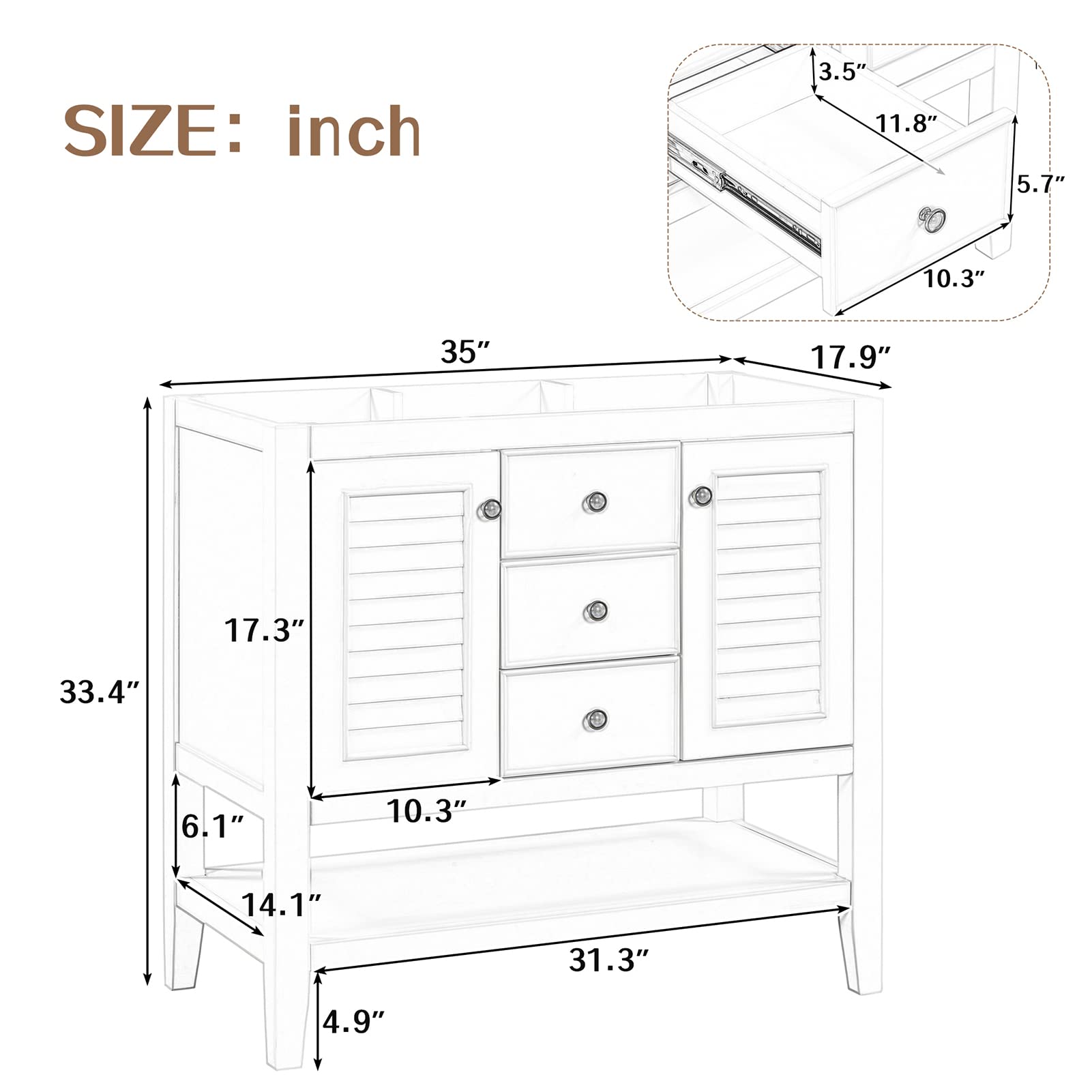 36" Modern Bathroom Vanity Base Only, Bathroom Vanity Without Sink Freestanding Bath for Compact Spaceroom Vanity Cabinet with Two Cabinets and Drawers, Open Shelf, Solid Wood Frame, Gray