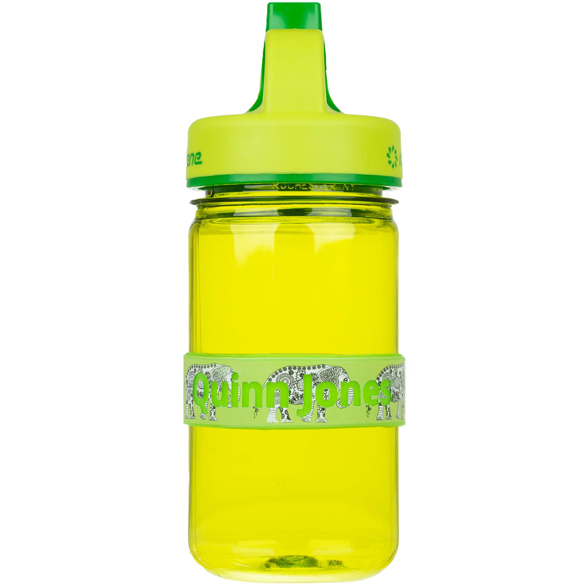 Custom Bottle Labels - 3 Pack - Silicone Bands for Baby Bottles, Kids Tumblers, Water Flasks - Personalized Pre-Printed Name, Waterproof School and Daycare Drink Identifiers - Green Elephants