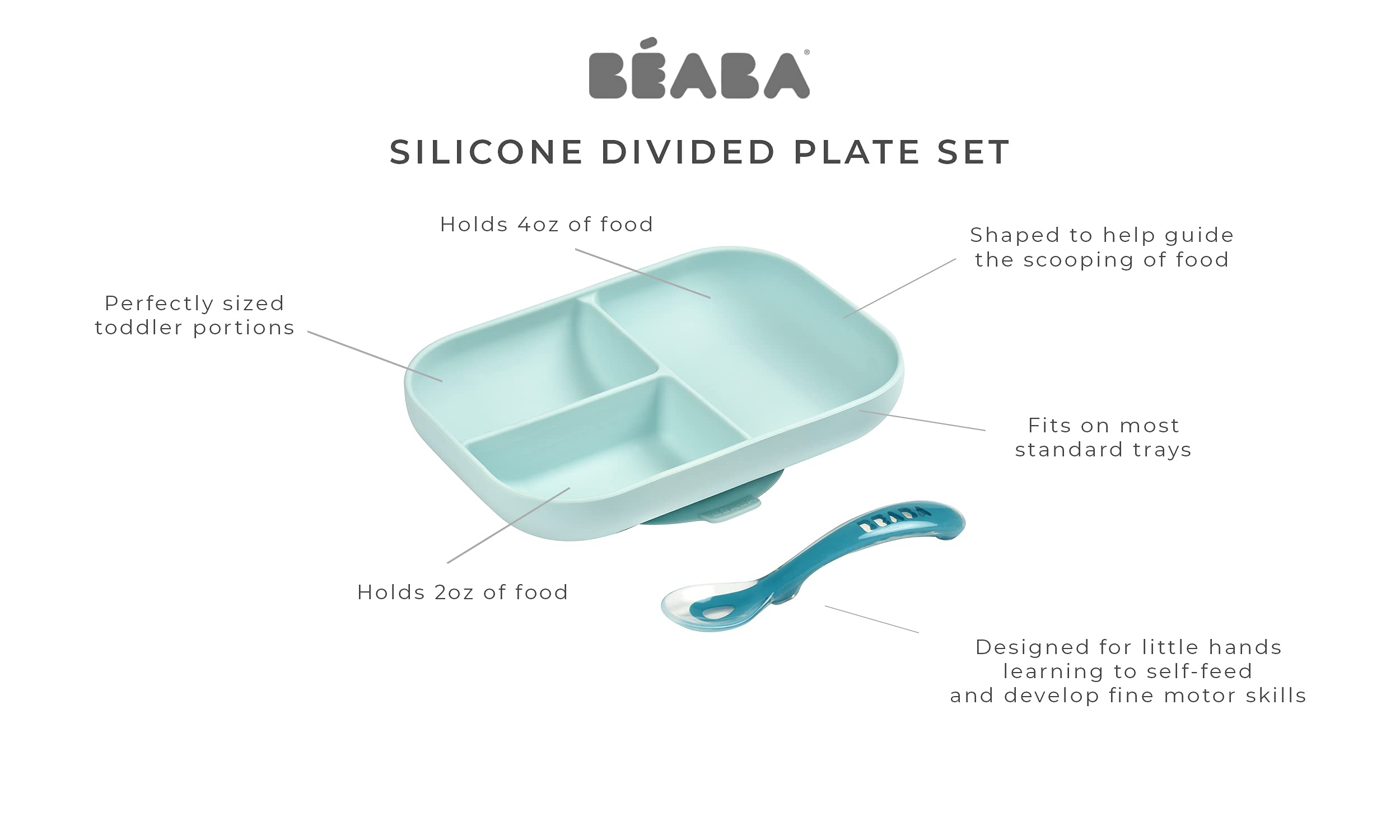 BEABA Silicone Suction Plates for Baby, Made with High Grade Food Safe Silicone, Soft Durable Toddler Dishes, Baby Plates with Suction Bottom, Rain