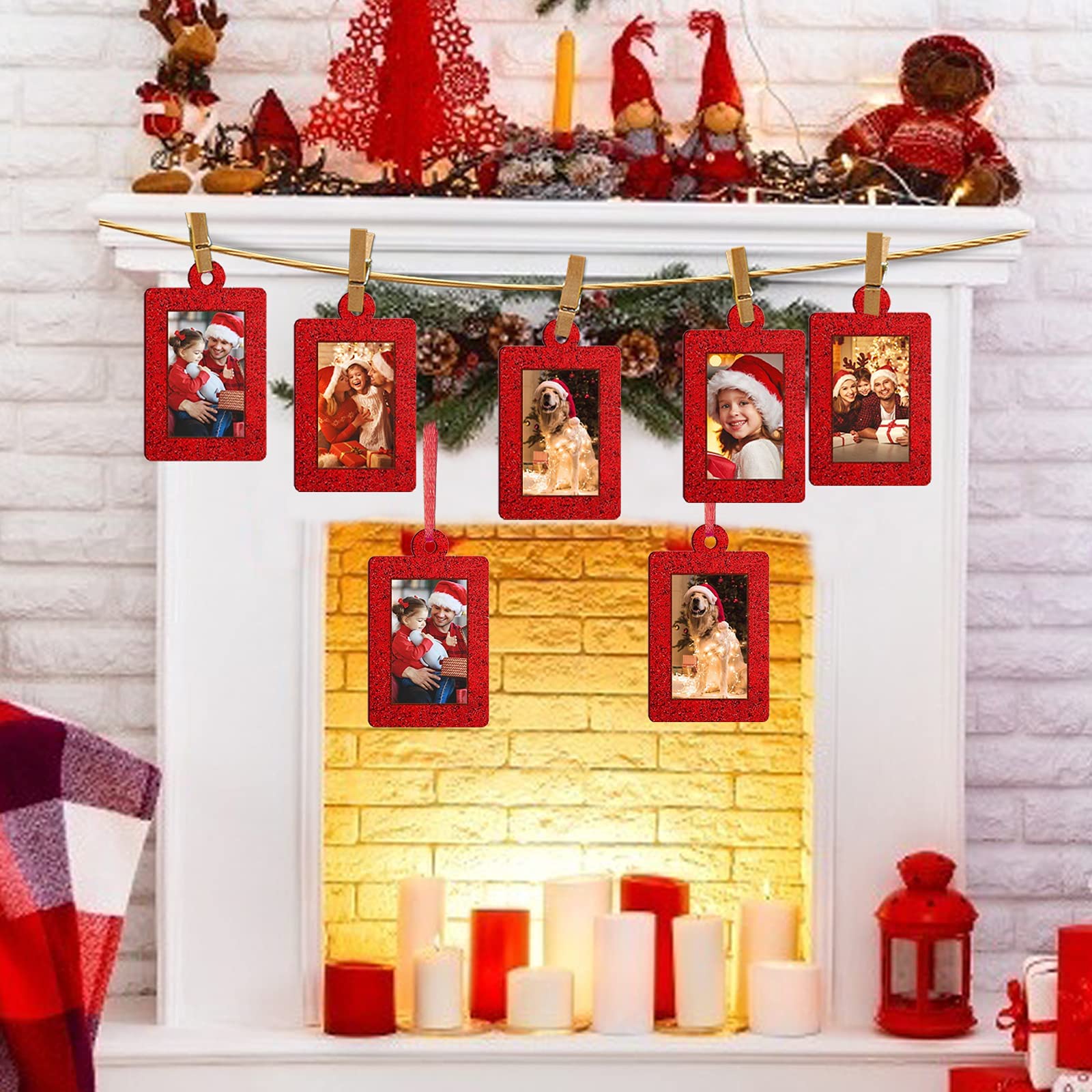 20 Pieces Christmas Photo Ornament Frames Christmas Tree Glitter Picture Frame Felt Hanging Photo Frame for Holiday Decoration (Rectangle, Red)