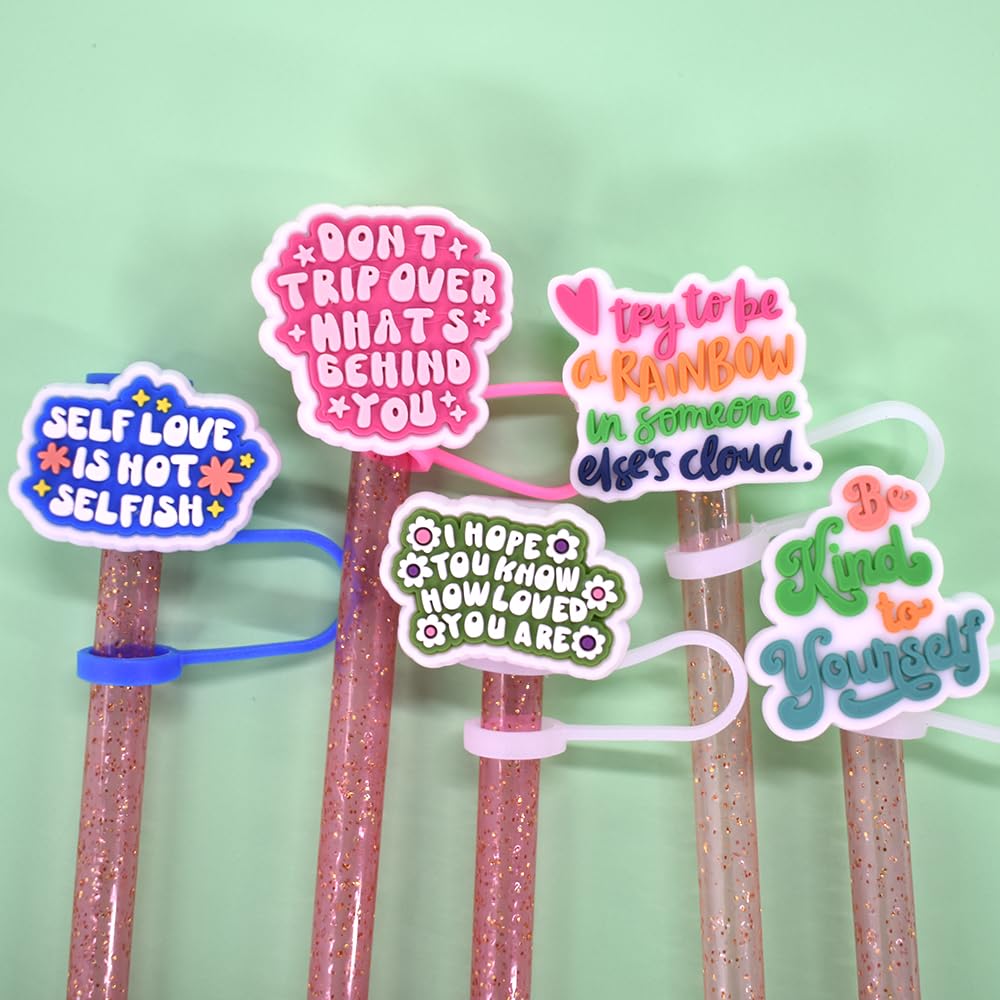 12pcs Straw Cover Cap,Reusable Drinking Straw Toppers,10mm Straw Covers for Stanley Cup 30&40 Oz Tumbler Straw Accessories Splash Straw Protector Portable Dust Straw Caps Decoration (Love Myself)