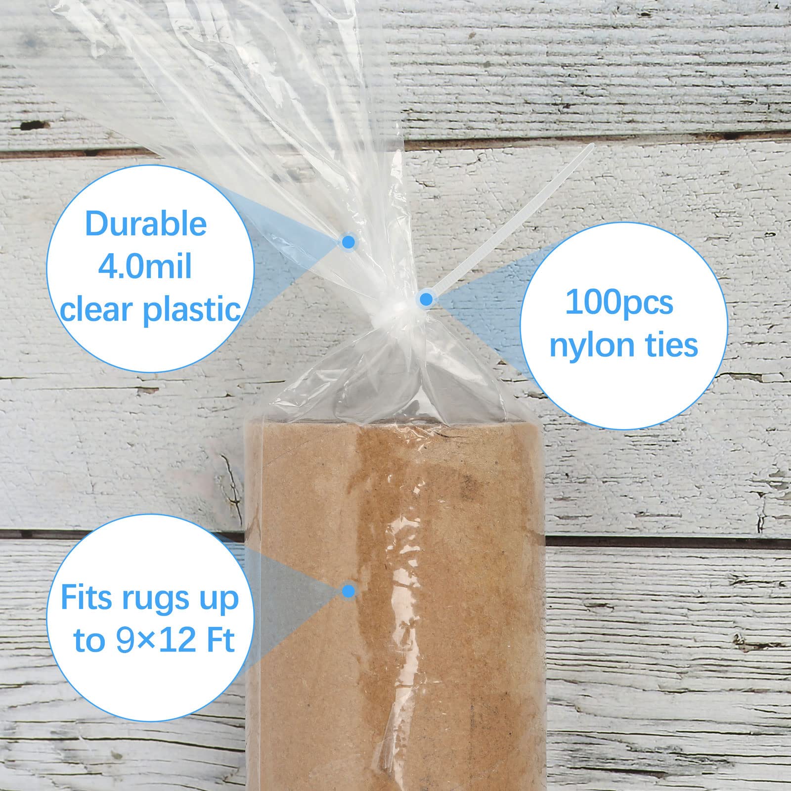 3 Pcs 𝑬𝒙𝒕𝒓𝒂 𝑳𝒂𝒓𝒈𝒆 Plastic Rug Storage Bag, Fits Rug up to 9'x 12' Large Clear Carpet Bag Moving Bag with 100 Pcs Zip Tie Perfect for Storage, Moving, Packing, Shipping