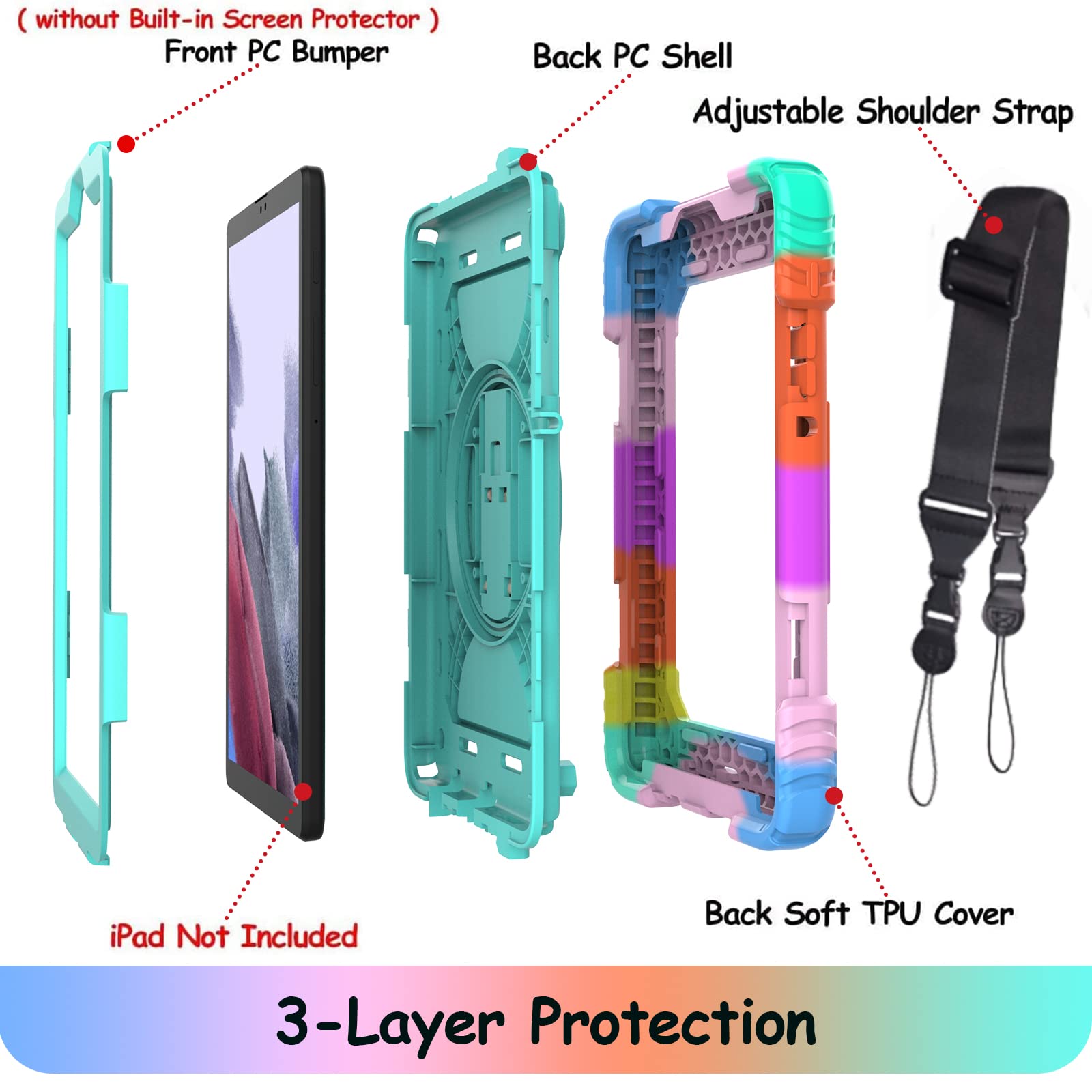 LTROP Samsung Galaxy Tab A7 Lite Case,Galaxy Tab A7 Lite Case for Kids,3-Layer Shockproof Cover Case with Swivel Stand/Hand Strap for Samsung Galaxy Tab A7 Lite 2021 8.7 Inch (SM-T225/T220), Aqua Teal