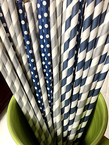 125 Navy and silver Paper Straws - Party DIY, Mason Jars, Baby Shower, Chevron and Polka Dots