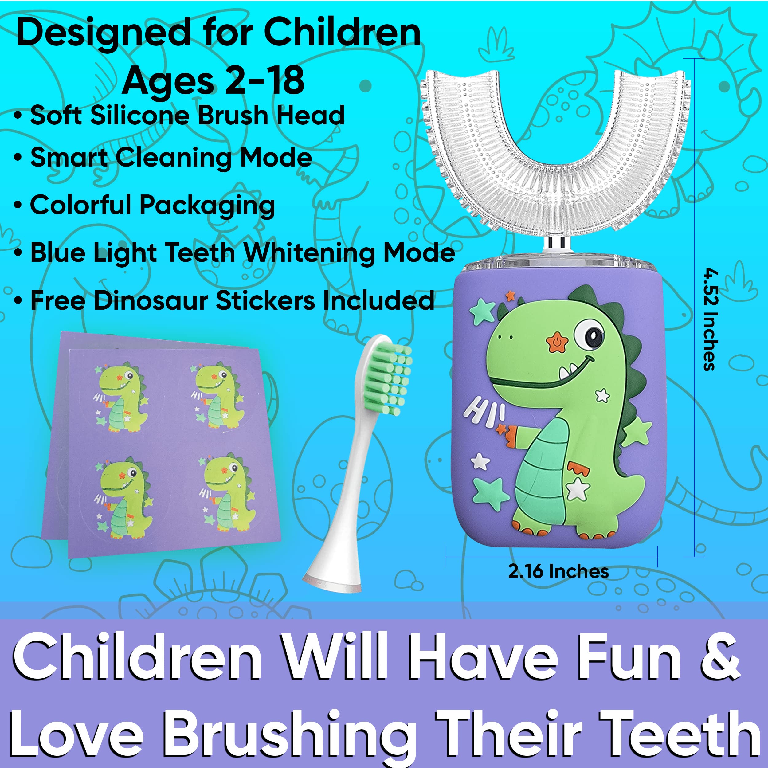 BubblezKidz – Kids Electric Toothbrush – U Shaped Dinosaur Cartoon – Ultra Sonic 6 brush Cleaning Modes w/ Smart Timer – Ages 2-18 Years Old – IPX7 Waterproof, Rechargeable, With Stickers (Dinosaur)
