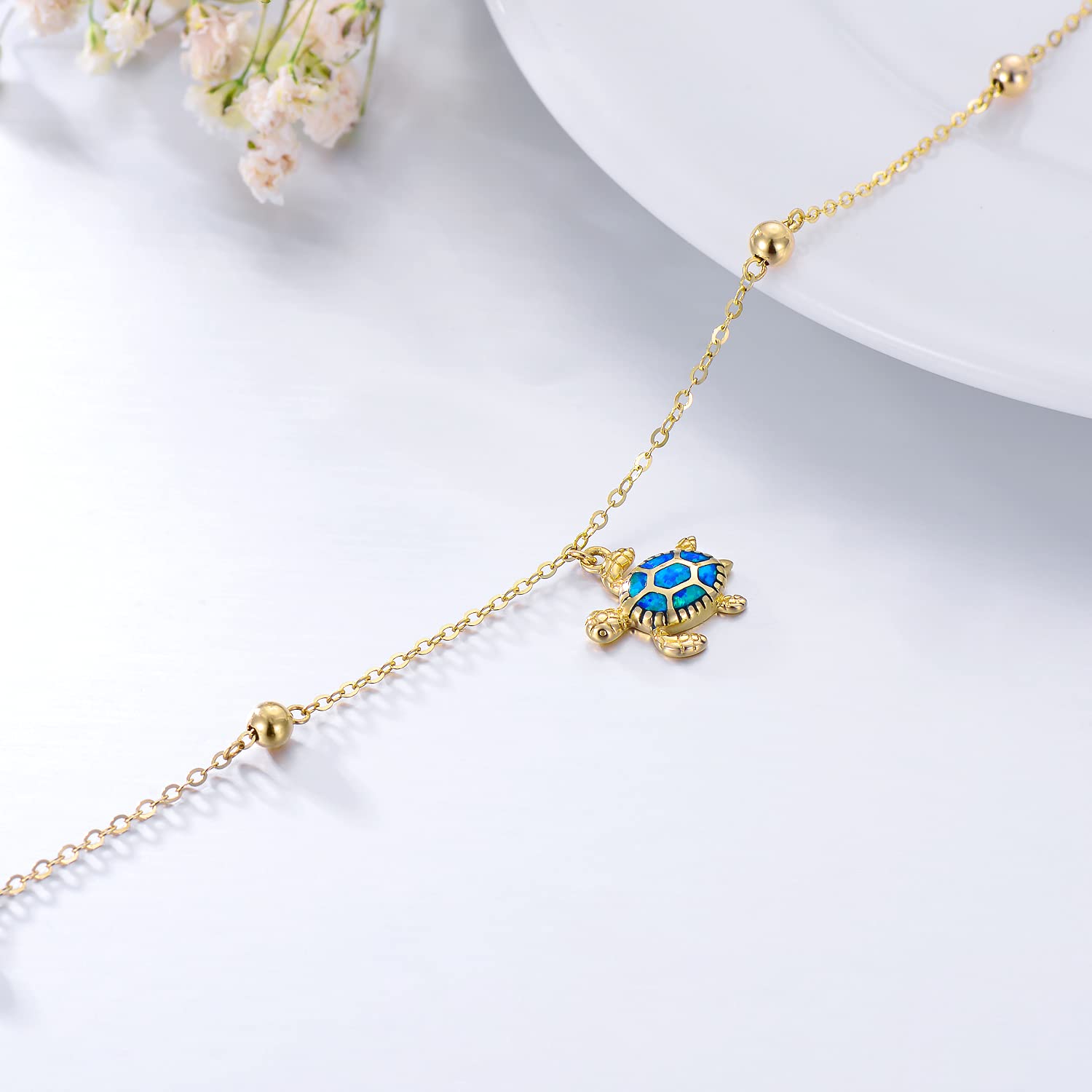 14K Gold Sea Turtle Bracelets for Women Blue Opal Bracelets Beach Real Gold Bracelet, 6.5''-8.5'' Bead Chain