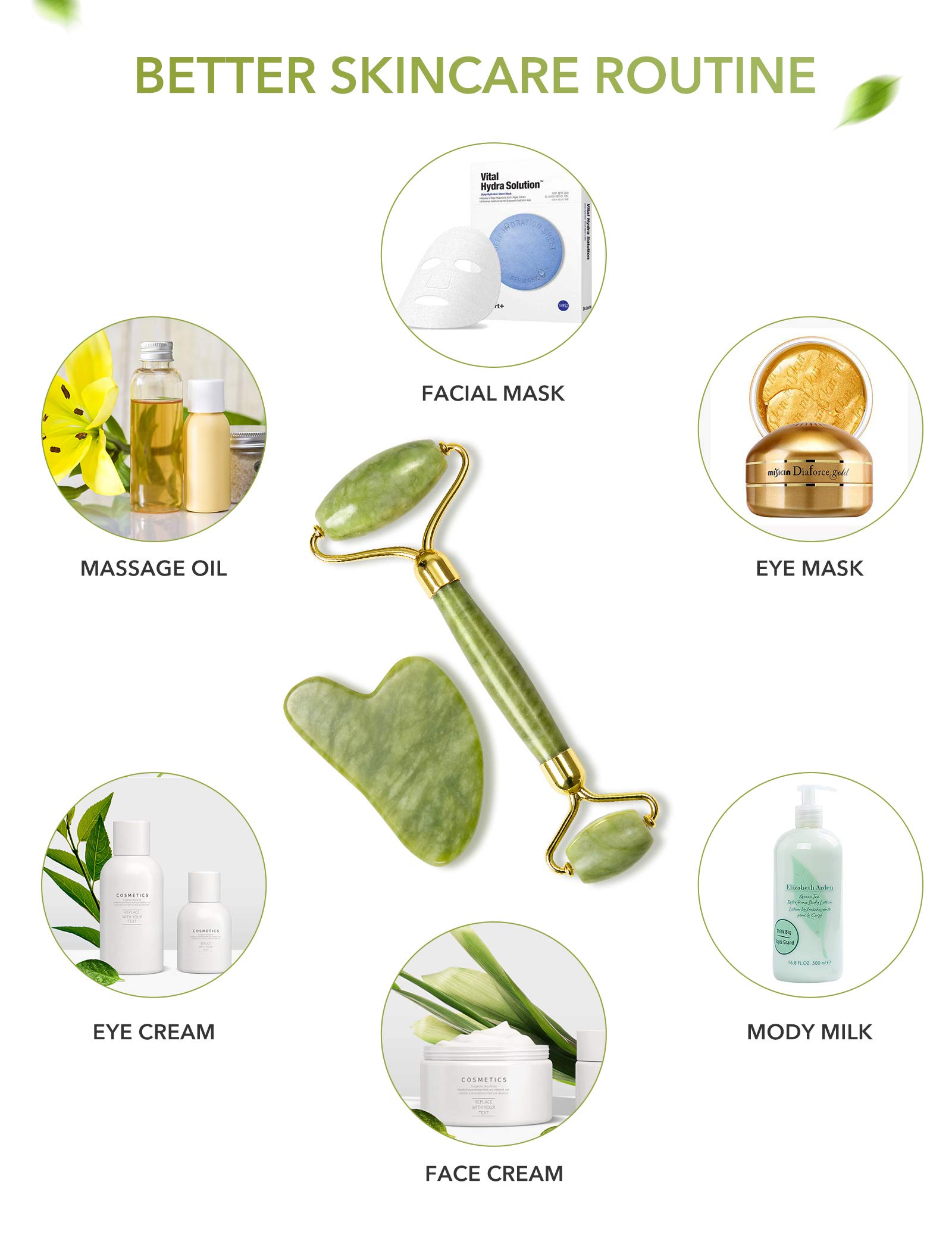 HANABEE Authentic Jade Roller for Face Gua Sha Facial Tools Face Roller Skin Care Facial Roller for Puffiness -Jade