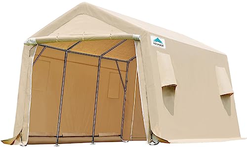 ADVANCE OUTDOOR 10x15 ft Shelter Storage Shed Steel Metal Peak Roof Anti-Snow Portable Garage Carports for Motorcycle, Boat or Garden Tools with 2 Roll up Doors & Vents, Beige, (8807BY-2)