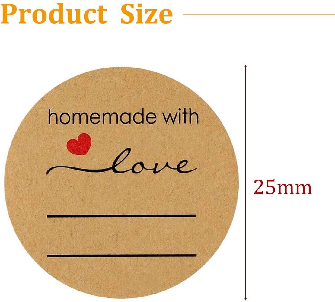 Handmade with Love Stickers, 500pcs Round Baking Kraft Label Stickers Self-Adhesive Label Decor Heart Shape Stickers for Homemade Gifts (25mm)