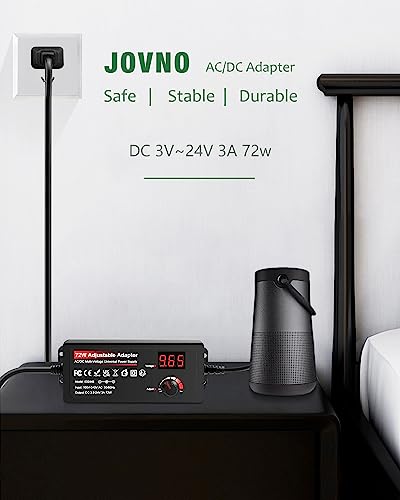 JOVNO Universal Power Supply 3V-24V 3A 72W Adjustable AC/DC Adapter 100~240V AC to DC 5V 9V 12V 15V 19V 20V with LED Display 14 Plugs 1 Reverse Polarity Converter Cable for LED Strips Motors Speaks