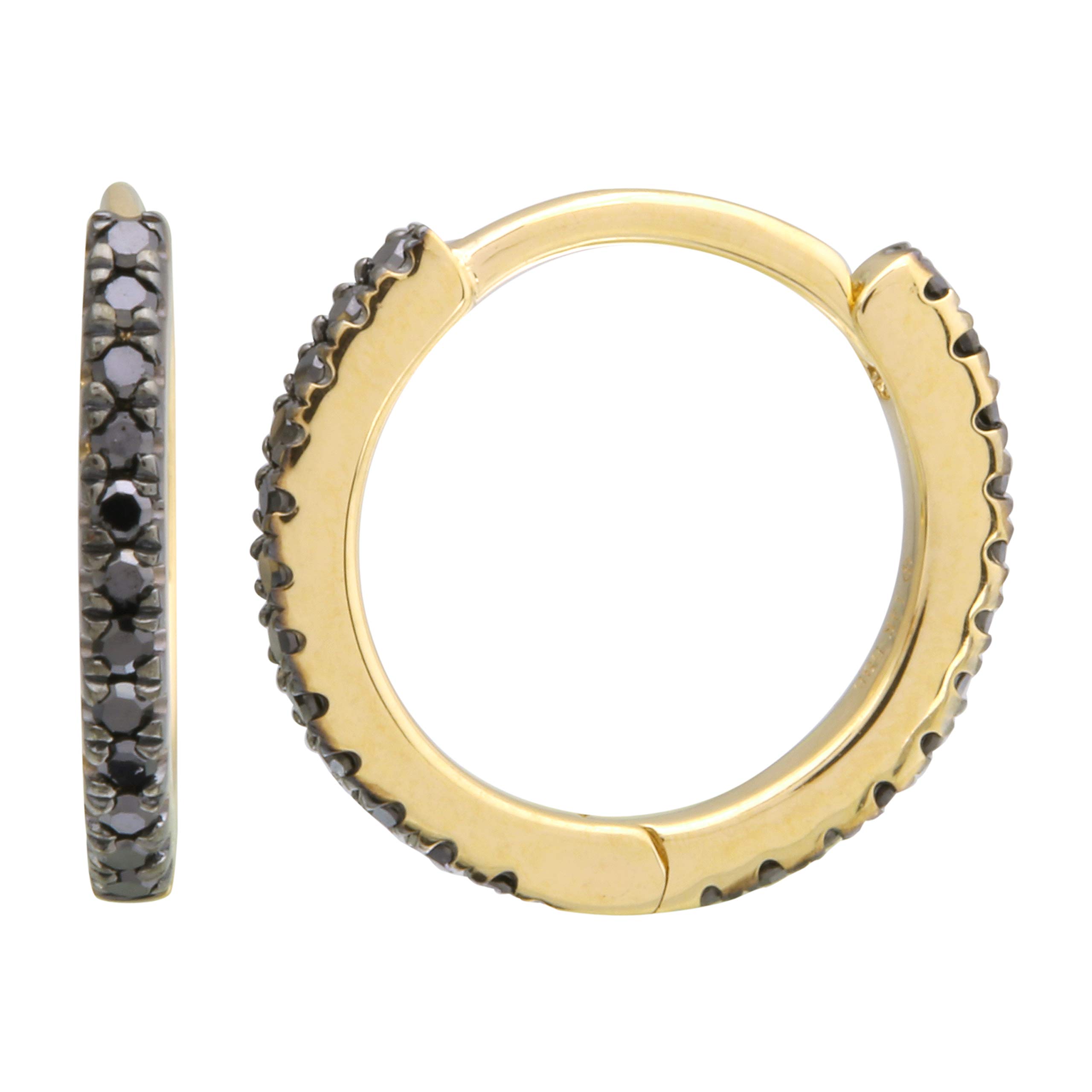 14k Yellow Gold Black Diamond Rhodium Mini Huggie Hoop Earrings (1/10 cttw), 8mm Diameter