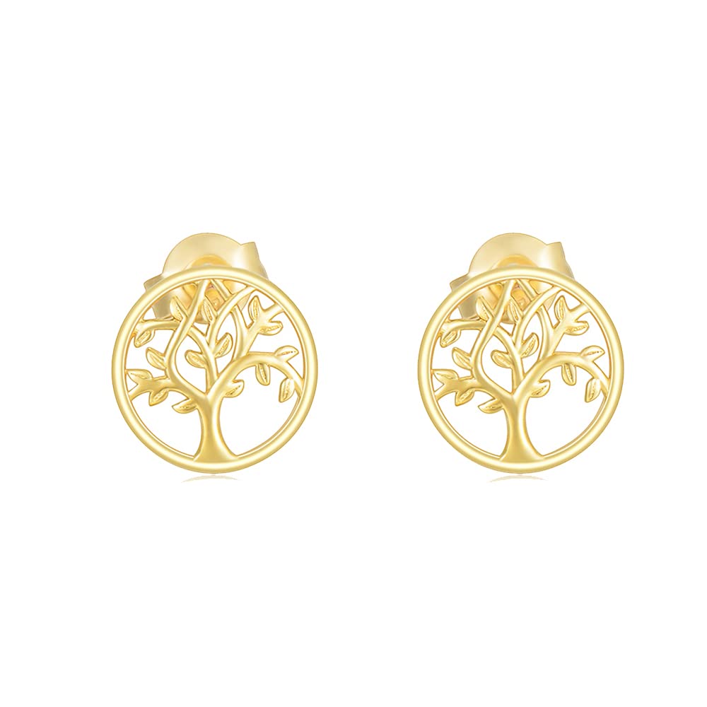 14K Gold Tree of Life Stud Earrings for Women, Real Yellow Gold Life Tree Earrings for Family, Solid Gold Jewelry for Ladies Mom