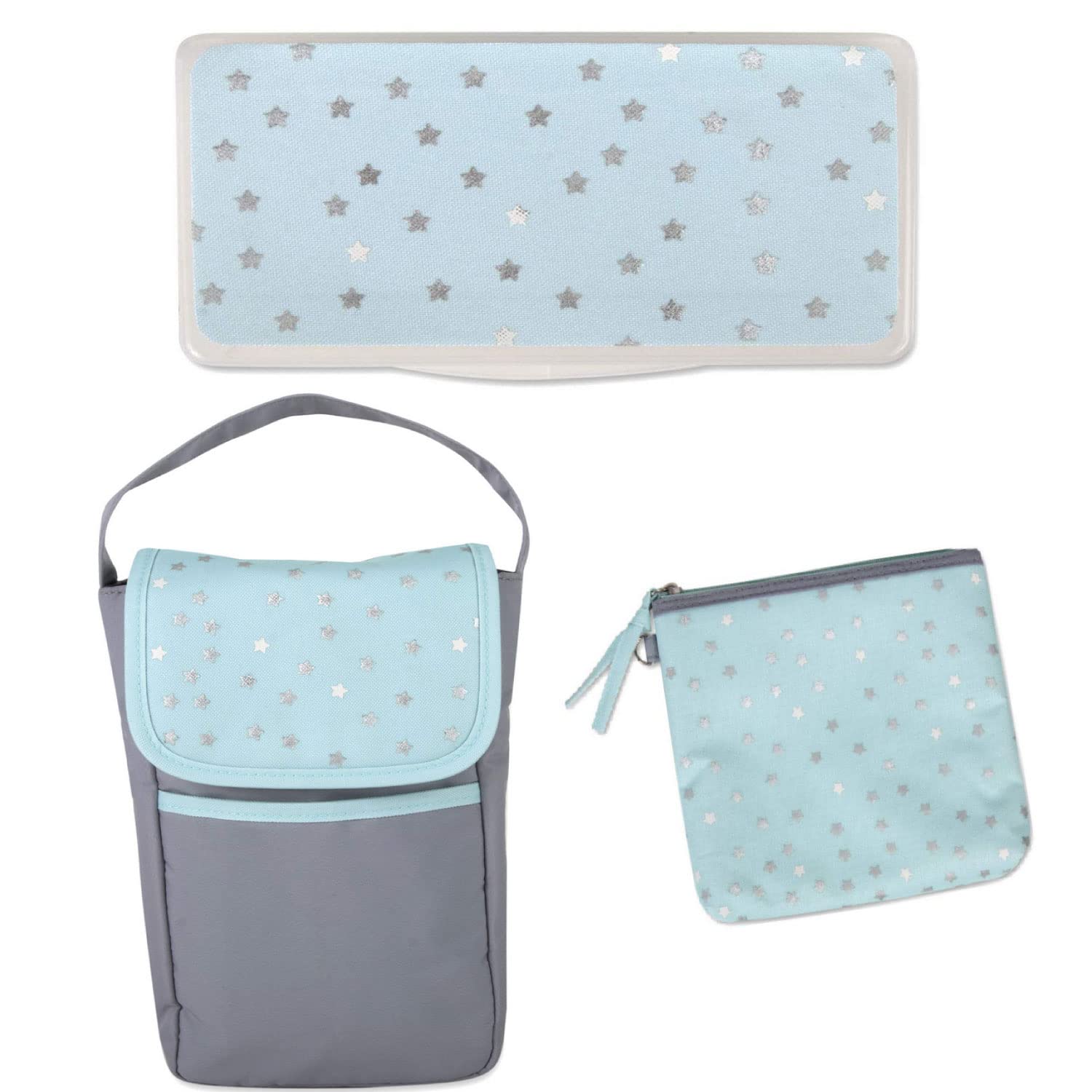 Baby Essentials Diaper Bag Backpack 5 Piece Set with Sun, Moon, and Stars, Wipes Pocket, Stroller Straps, Dirty Diaper Pouch, Changing Pad (Grey/Blue Backpack)