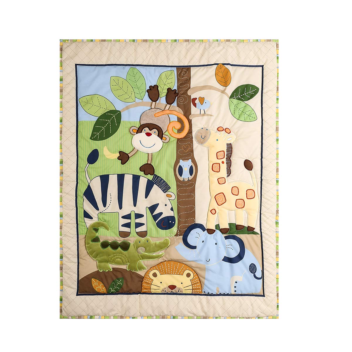 Brandream Jungle 3- Piece Nursery Crib Bedding Sets for Boys - Zebra Elephant Lion Monkey Giraffe Crocodile Birds - Playful Animal Zoo