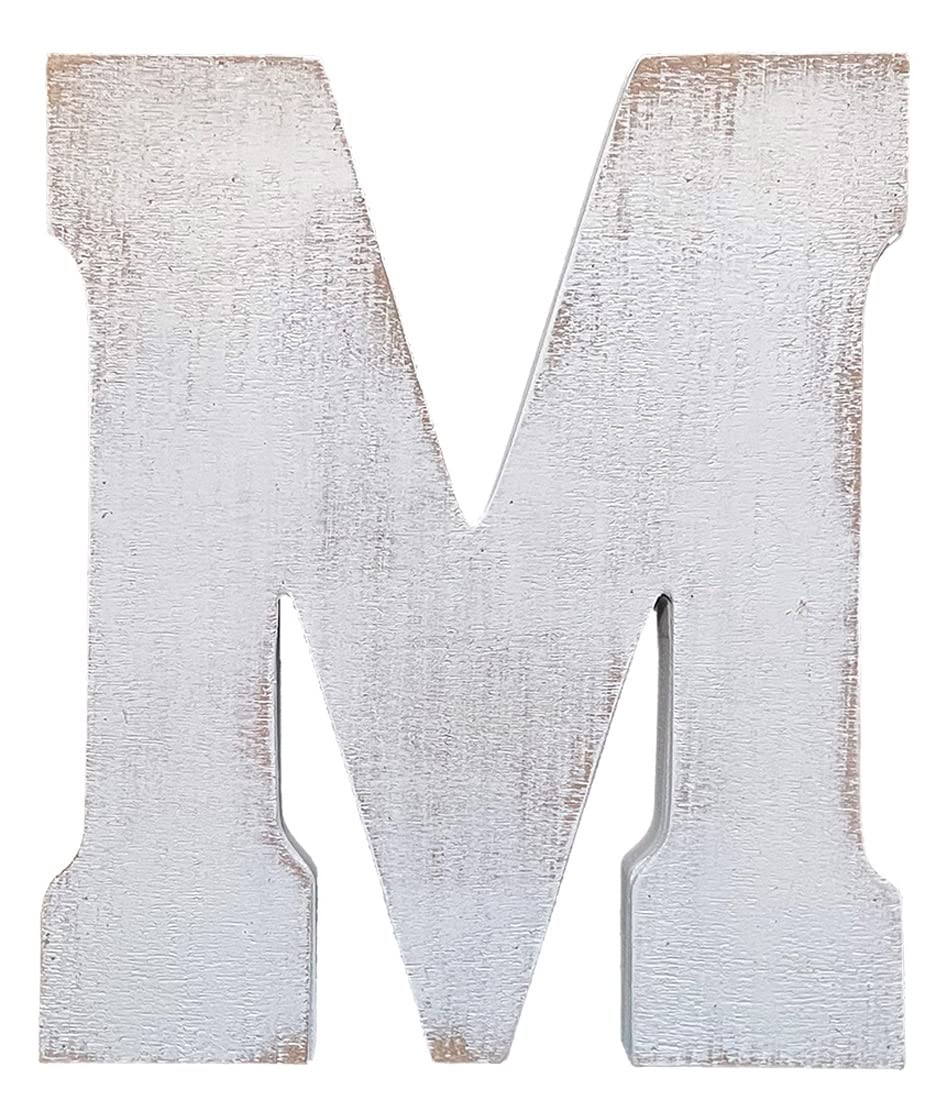 ABELOTS Large Wood Letter Distressed White Wash Alphabet Wall Décor Monogram Letter Alphabet Letters Free Standing Letters Wall Letters (M)