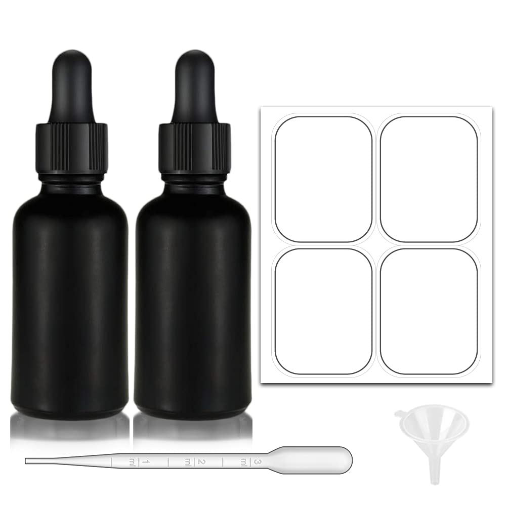 Bumobum Dropper Bottle Black 1 oz, 30 ml Glass Dropper Bottles with Black Top Cap for Essential Oils, 2 pack Tincture Bottle with Labels and Funnel