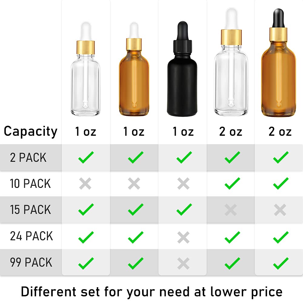 Bumobum Dropper Bottle Amber 1 oz, 30 ml Glass Dropper Bottles with Golden Top Cap for Essential Oils, 2 pack Tincture Bottle with Labels and Funnel