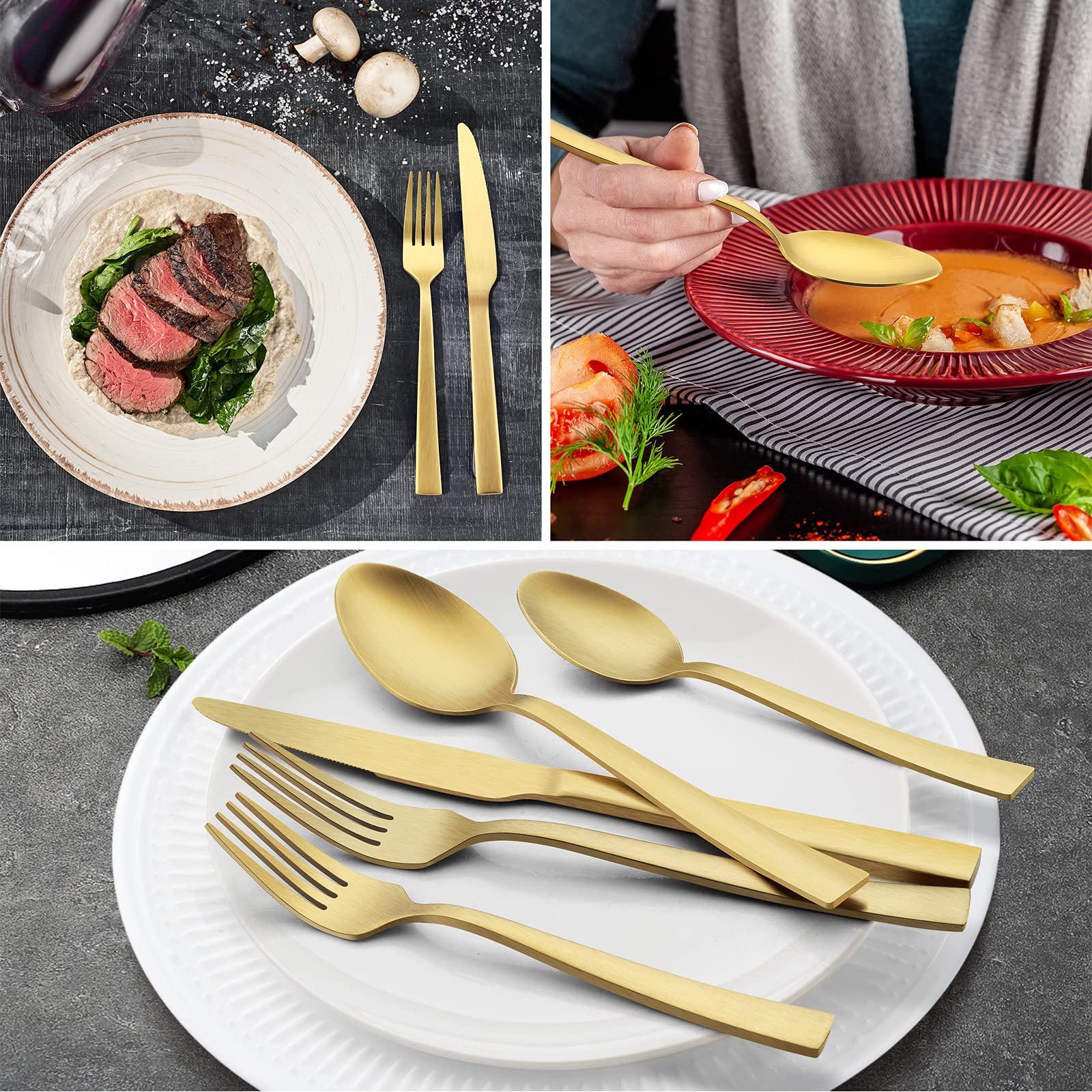 40-Piece Matte Gold Silverware Set, E-far Stainless Steel Flatware Set Service for 8, Metal Cutlery Eating Utensils Tableware Includes Forks/Spoons/Knives, Square Edge