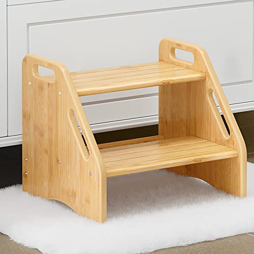 AMBIRD Wooden Step Stool, Two Step Stools Toddler 300 lbs Capacity with Safety Non-Slip Pads and Handles, Bamboo Step Stool for Bathroom, Kitchen Step Stools Dual Height Step Stools for Kids (Natural)