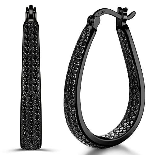 925 Sterling Silver Post Hoop Earrings for Women Gilrs Black Cubic Zirconia Oval Chunky Black Hoop Earrings weinuo Jewelry