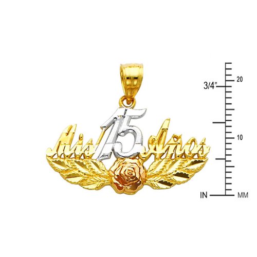 14k REAL Tri Color Gold 15 A?os Pendant with 1.5mm Diamond Cut Chain Necklace - 20"
