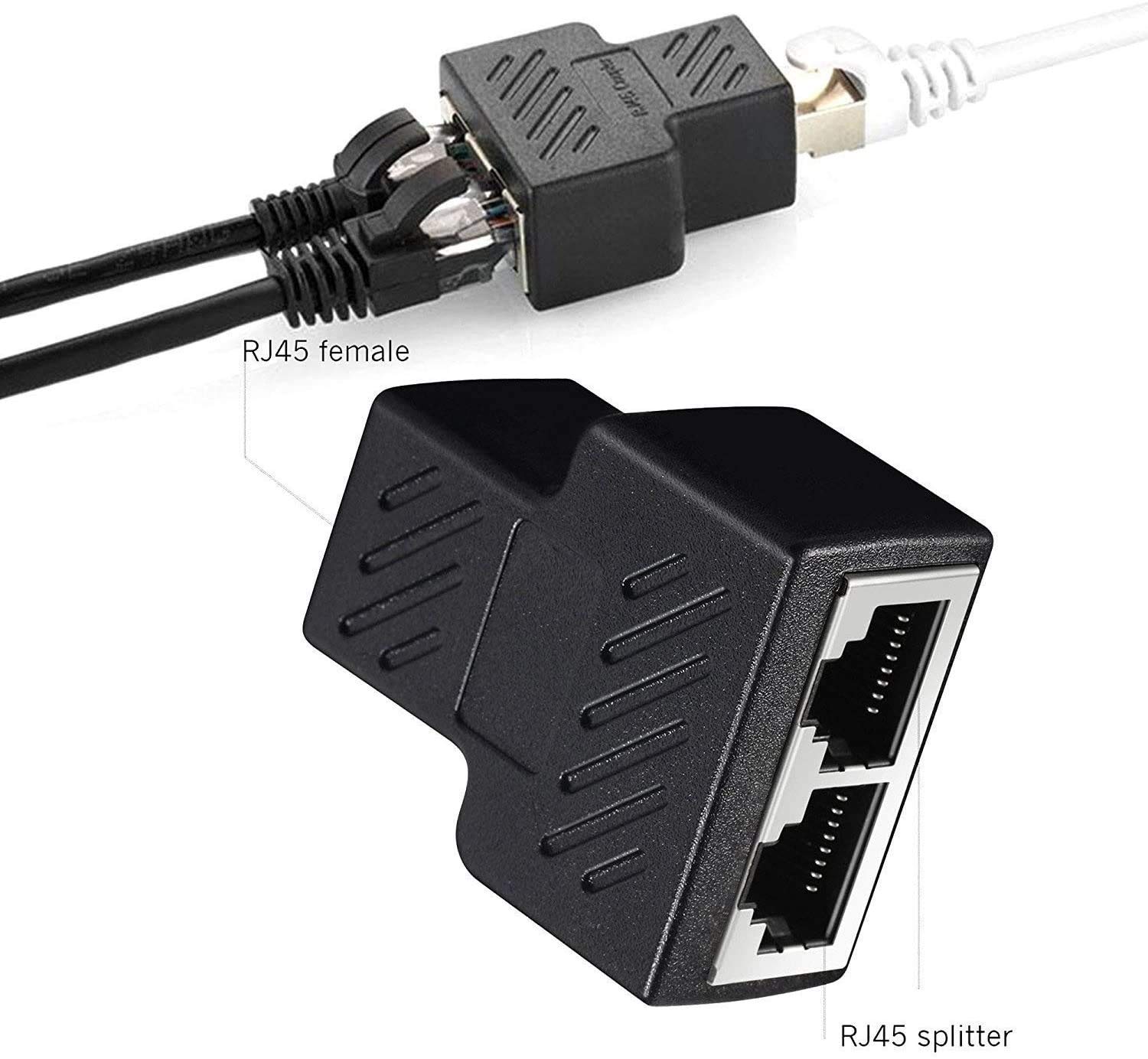 RJ45 Splitter Adapter, Minriu 1 to 2 Port USB to RJ45 Socket Adapter Interface Ethernet Adapter 8P8C Extender Plug LAN Network Connector for Cat5, Cat5e, Cat6, Cat7, Black 1
