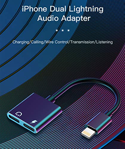 KUULAA iPhone Adapter Dual 2-1 for iPhone 7/7 Plus/ 8/8 Plus/X/XS/11 Pro Max, 2-in-1 Splitter Adapter/Cable for iPhone Audio/Headphone and Charger, Remote Control & Telephone Call Supported (Black)