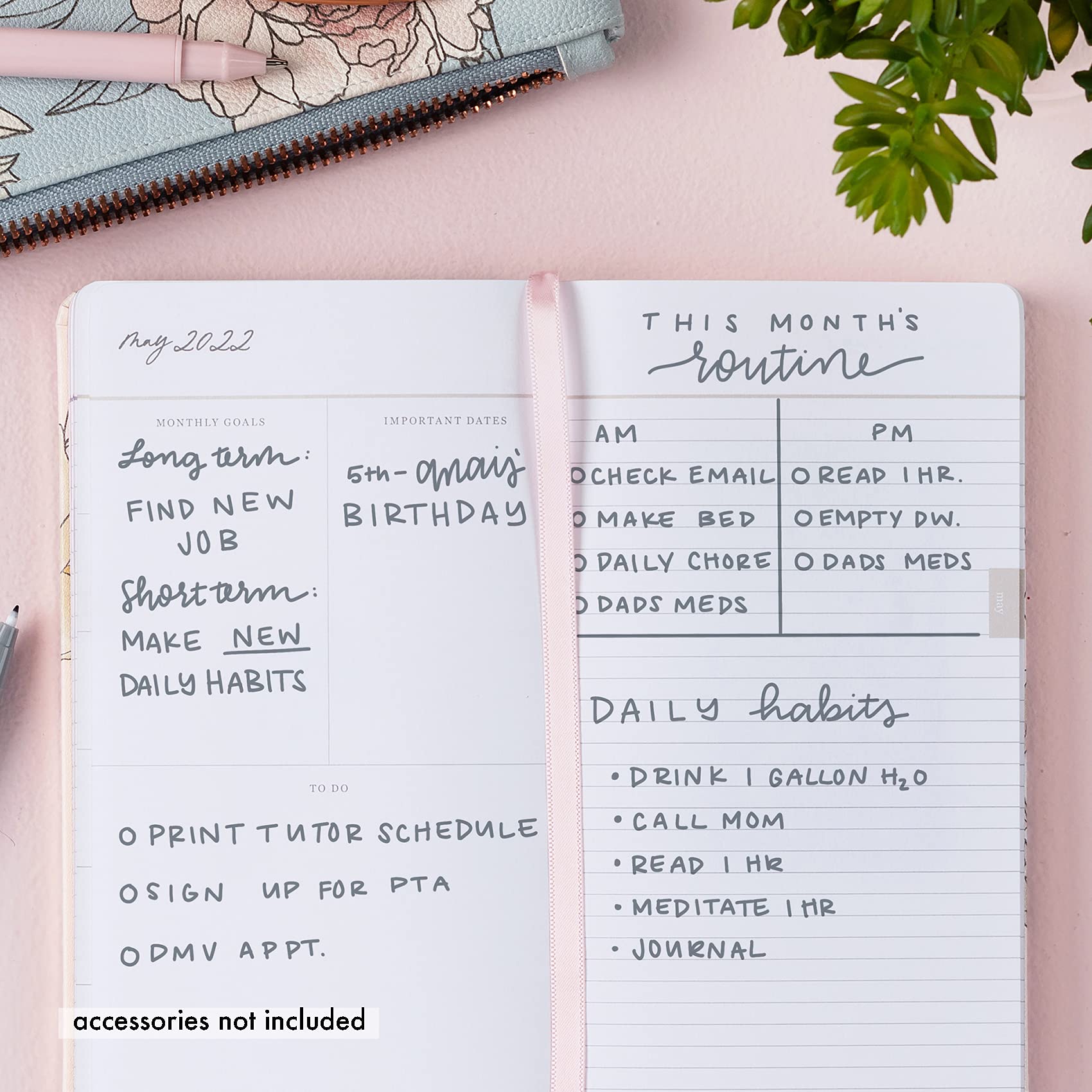 12 Month Pocket Planner ( Jan 2022 - Dec 2022 ) - Flora Blush. Vegan Leather. 80 lb. Thick Paper. Dated Monthly and Weekly Horizontal Spreads and Notes Pages by Erin Condren.