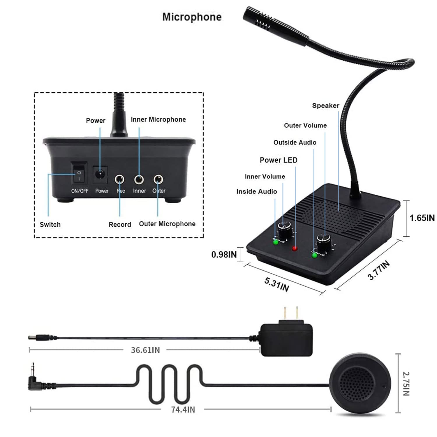 ChunHee Window Speaker Intercom System Anti-Interference Dual-Way Intercommunication Microphone and Speaker Bank Window Intercom Glass Window Microphone for Business/Bank/Office/Hospital