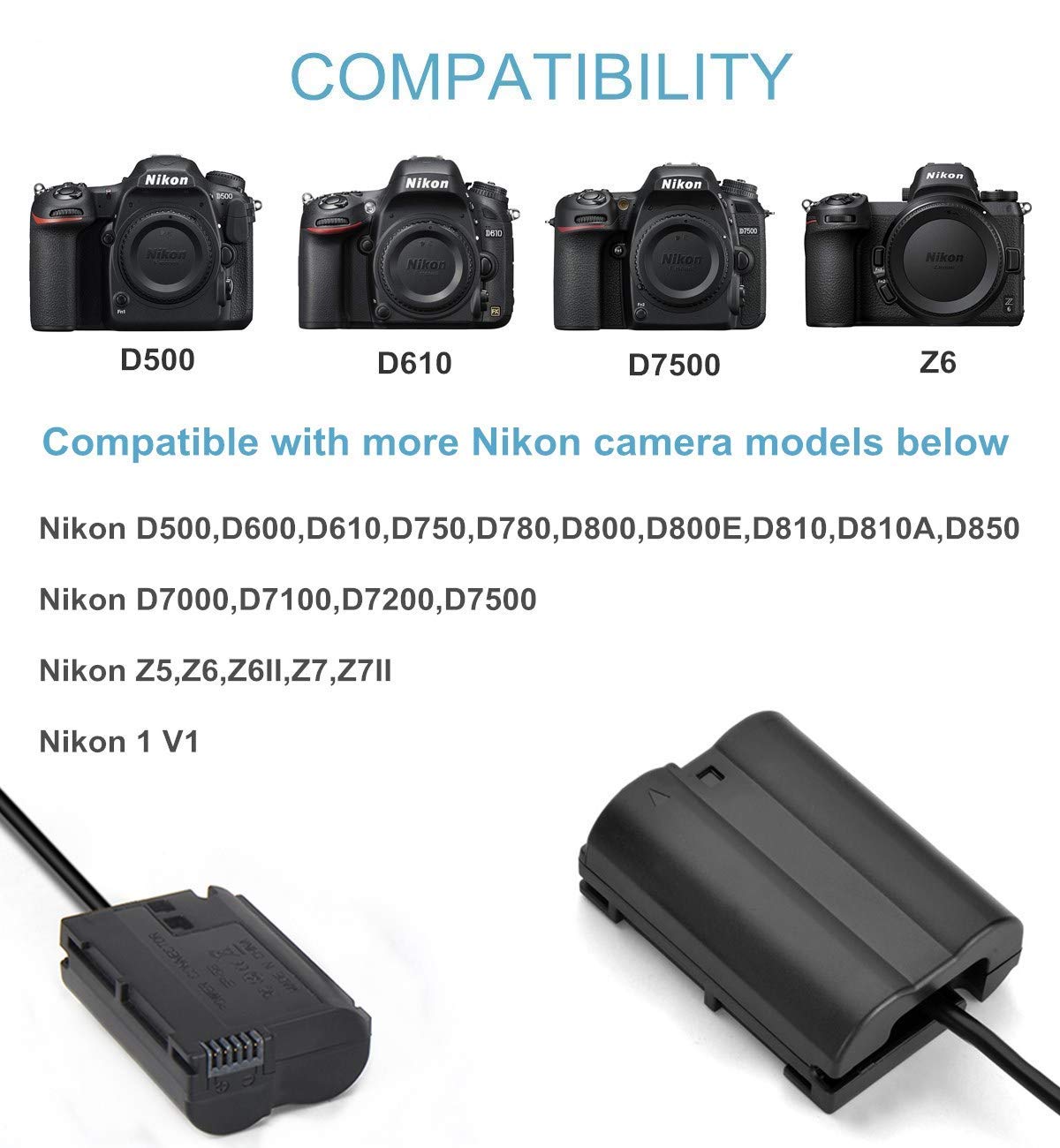 Kimaru EH-5b AC Power Adapter EP-5B DC Coupler EN-EL15 Dummy Battery Kit for Nikon D7500 D7200 D7000 D7100 Z6 Z7 D750 D780 D800 D600 Z5 D500 Z6II Z7II Z8 D810 D610 D800E D810A D850 1V1 Cameras.
