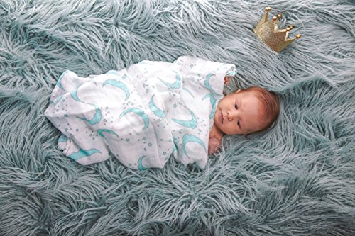 Adam & Elsa Baby Swaddling Blankets Organic Silky Soft Muslin Cotton Bamboo - Exclusive Prints - Boys & Girls Unique Gift Box - Unisex 4 Pack Oversized (Aqua Blue Wish Upon Star & Moon)
