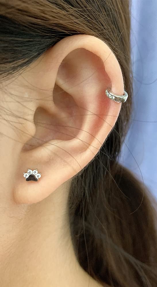 18g Mini Paw Print CZ Stud Earrings Sterling Silver Cartilage Tiny Ball Screw Back Small Studs Hypoallergenic Tragus Helix Cute Animals Dainty Sleeper Stud Earrings for Women Daughter Pet Lovers (silver)