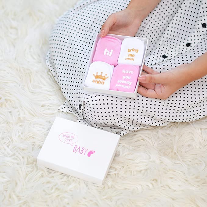 Baby Girl Socks Gift Set - Unique Baby Shower or Newborn Gift For Her - 4 Pairs of Cute Quotes in Gift Box